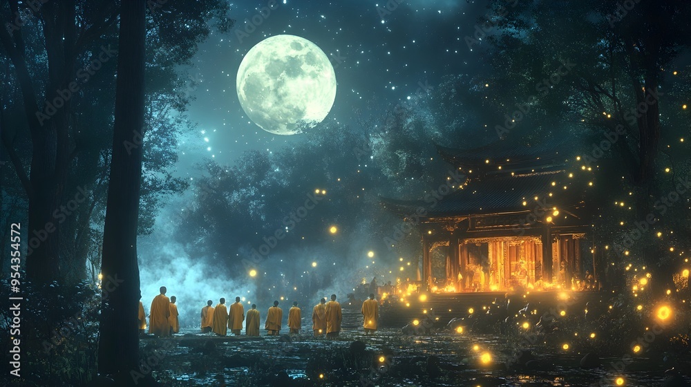 A serene and tranquil scene of a Buddhist forest monastery on Magha ...