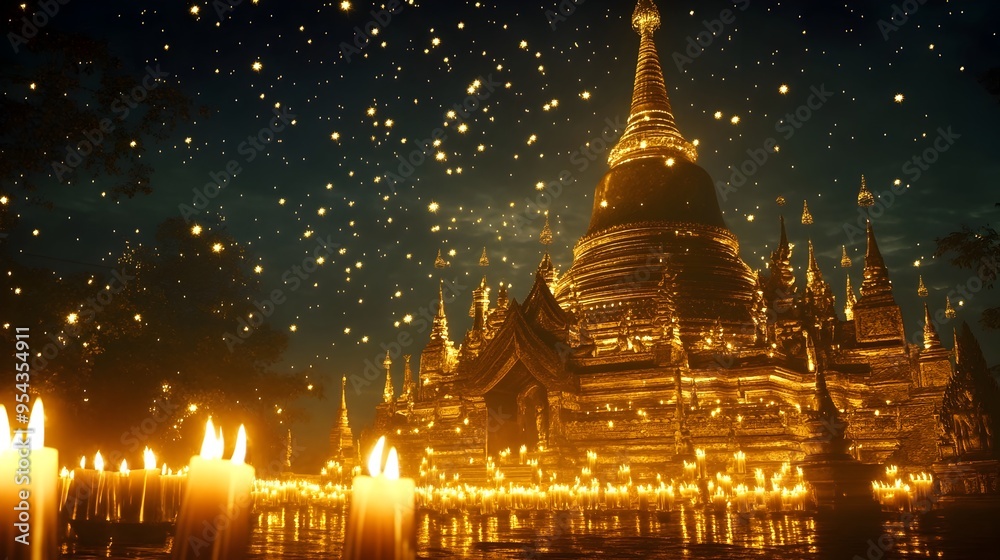 Devotees Lighting Candles at a Serene Buddhist Stupa Under a Starry Sky ...