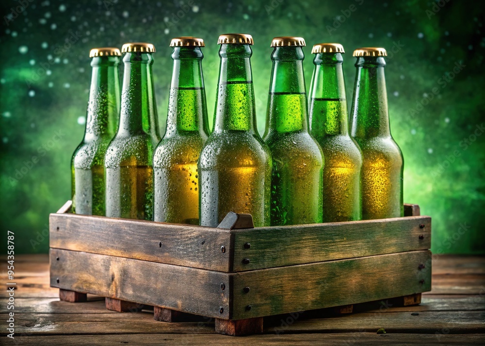 Frosted glass bottles of cold beer, arranged in a rectangular packaging ...