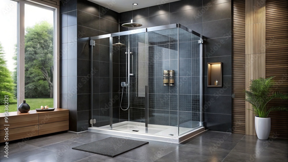 Glossy black tile surround and floor create a modern, high-contrast ...