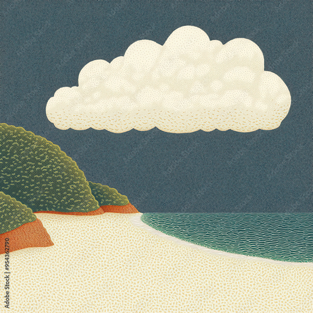 A simple, minimalist illustration of a beach scene with a white cloud ...