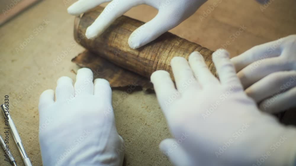 Two archaeologists in gloves carefully roll out ancient Egyptian ...