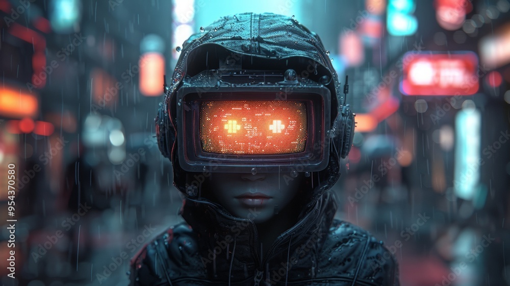 an anime cyberpunk man with a tube tv as a head, His face is the tv ...