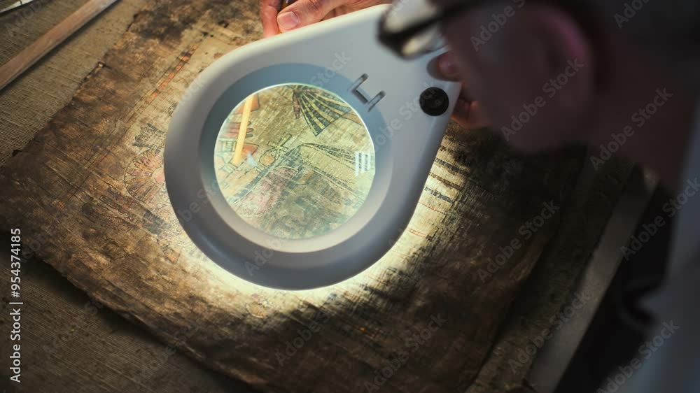 Senior archaeologist looks through magnifying lamp, studies ancient ...