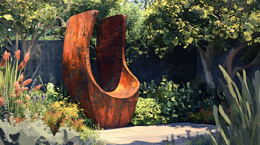 An illustration of a rusted metal sculpture in an outdoor garden ...