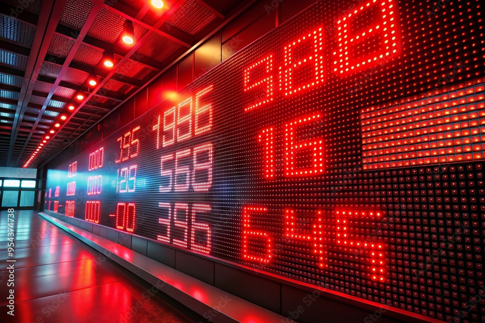 Vibrant red neon lights illuminate a futuristic digital display board ...