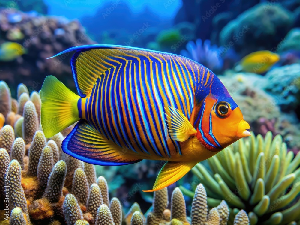 Vibrant regal angelfish with iridescent blue and orange scales, flowing ...