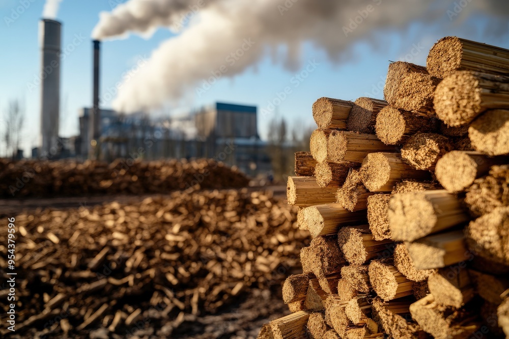 Stacked logs in front of a factory emitting smoke, depicting industrial ...