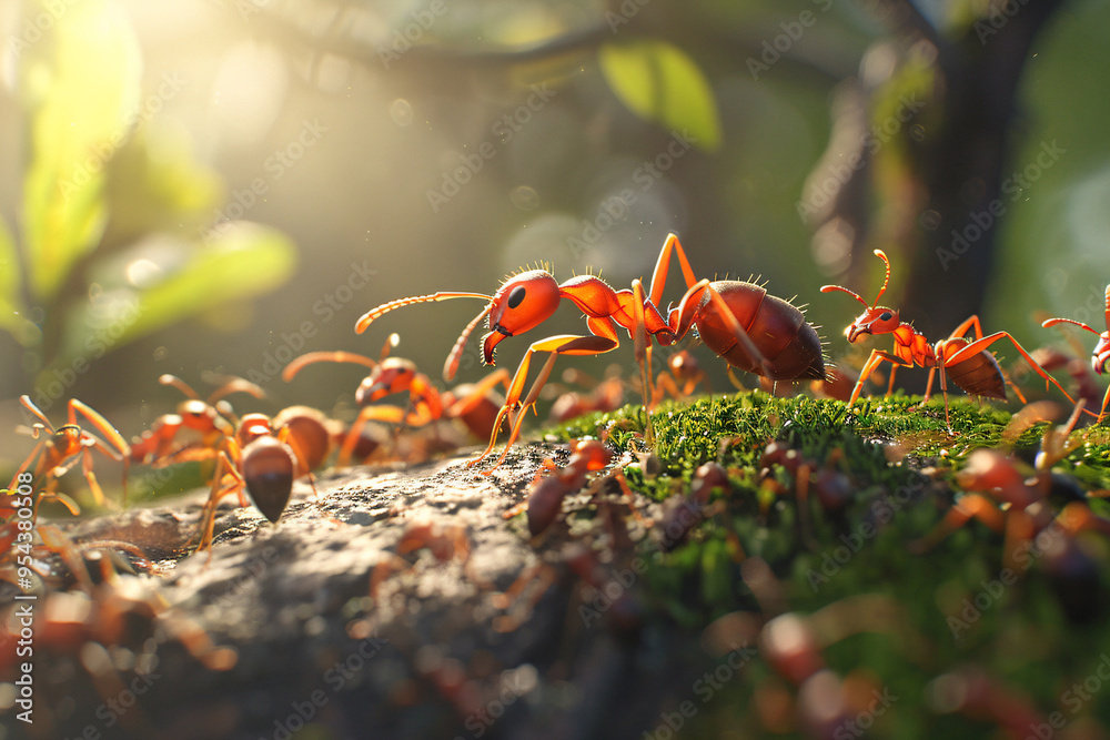 Red ants caught on trees looking for food. Behavior of ants. Stock ...