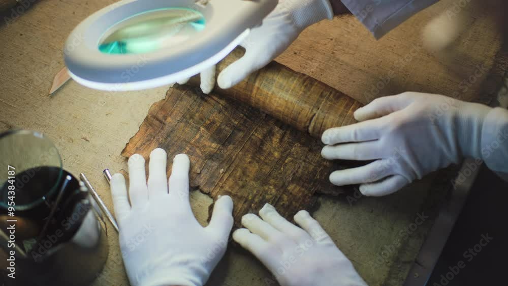 Close up of two archaeologists in gloves carefully opening ancient ...