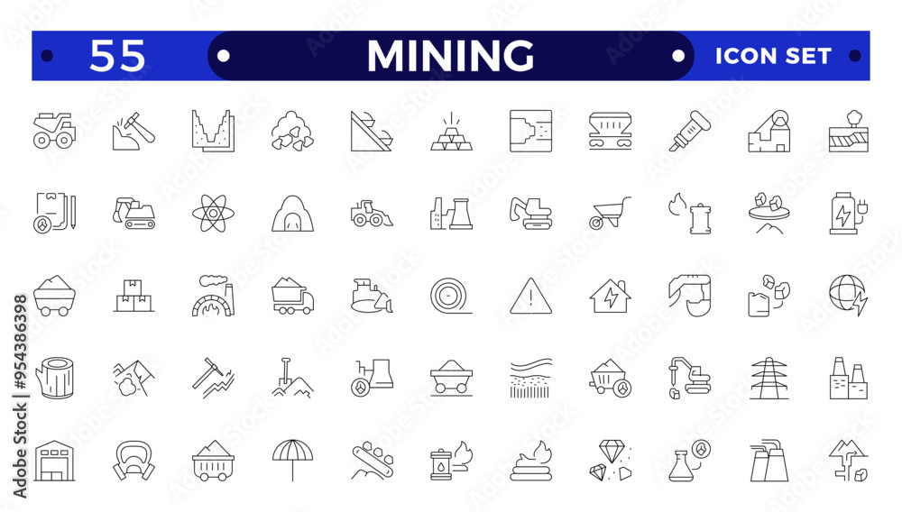Mining icon set. Containing minerals, gold, pickaxe, miner, excavator ...