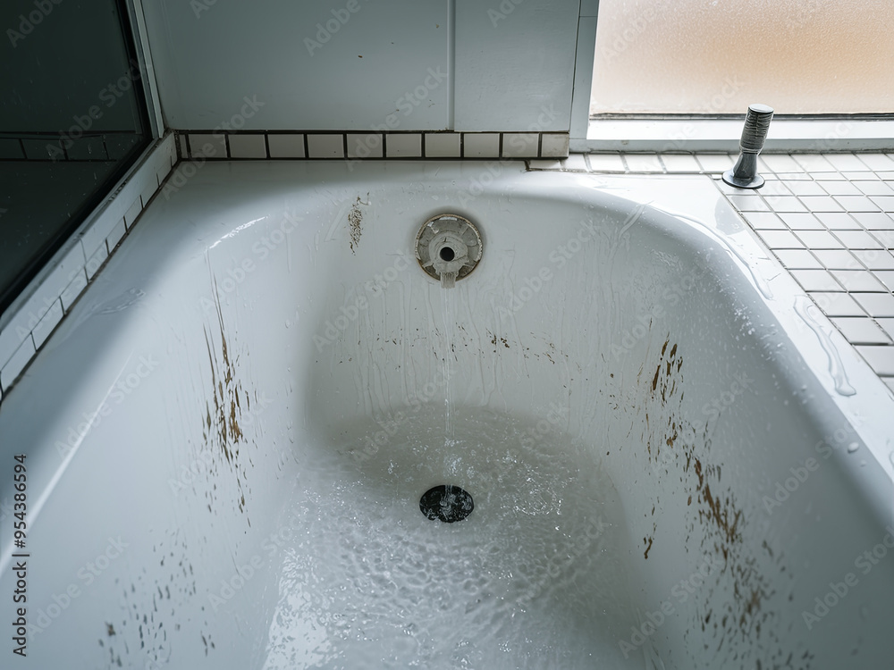 Water draining down a bathtub. Top view of a drainage hole. Household ...