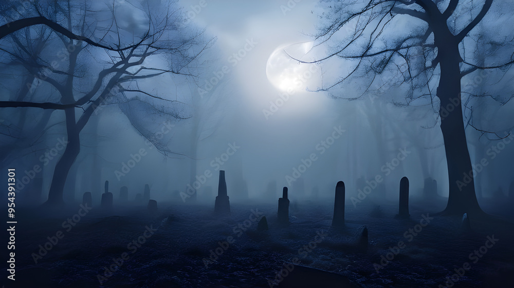 Eerie Foggy Cemetery Scene with Crumbling Tombstones and Soft Diffused Lighting – 8K ...