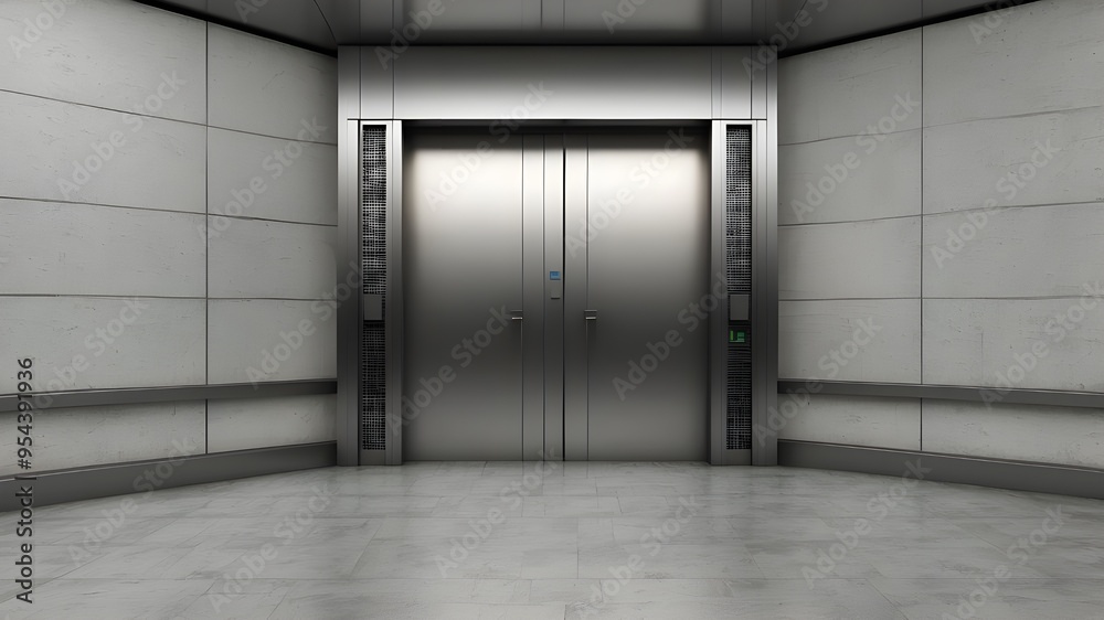 Elevator front view with white blank wall, concrete floor, and metal ...