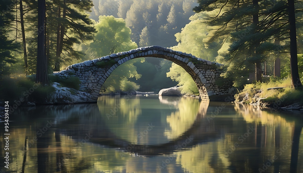 An ancient stone bridge spans a quiet river, surrounded by dense trees ...