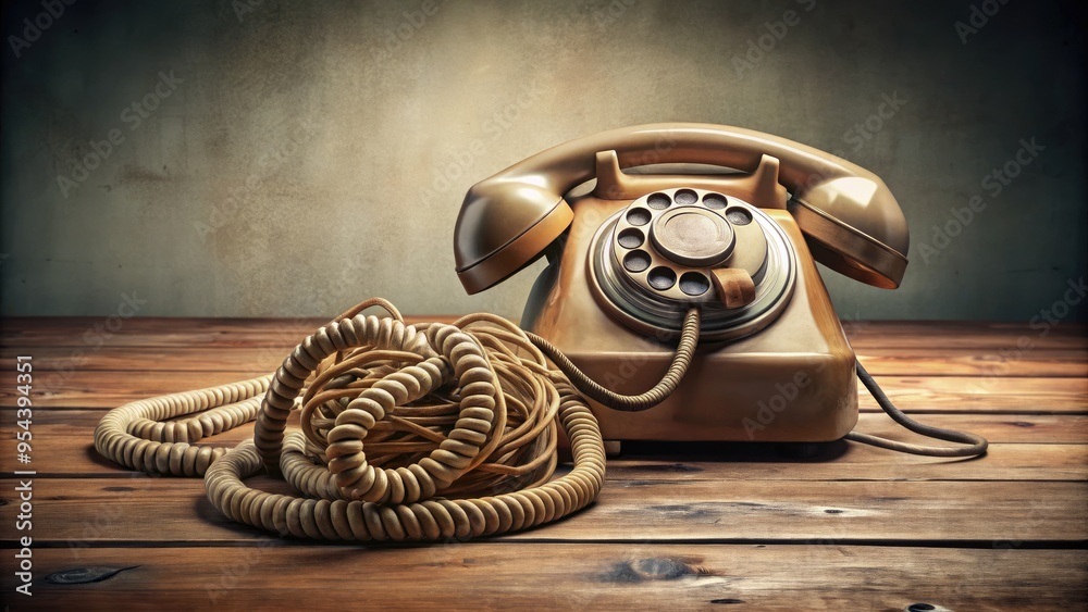 Vintage rotary dial telephone with tangled brown cord, coiled and ...