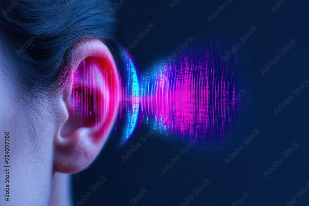 Digital sound wave visualization emanating from a human ear ...
