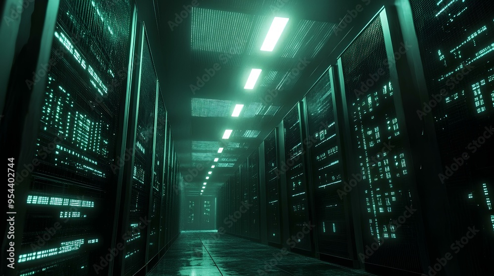 Rows of server racks processing neural network algorithms in a dark, data-driven server room ...