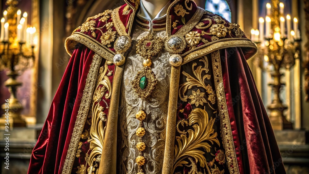 Opulent velvet cloak with intricate gold embroidery and ornate brooch ...