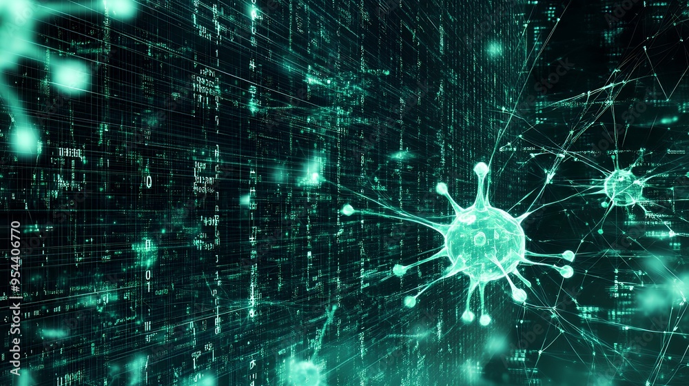 Abstract binary code and neurons merging to illustrate neural networks in a technological space ...