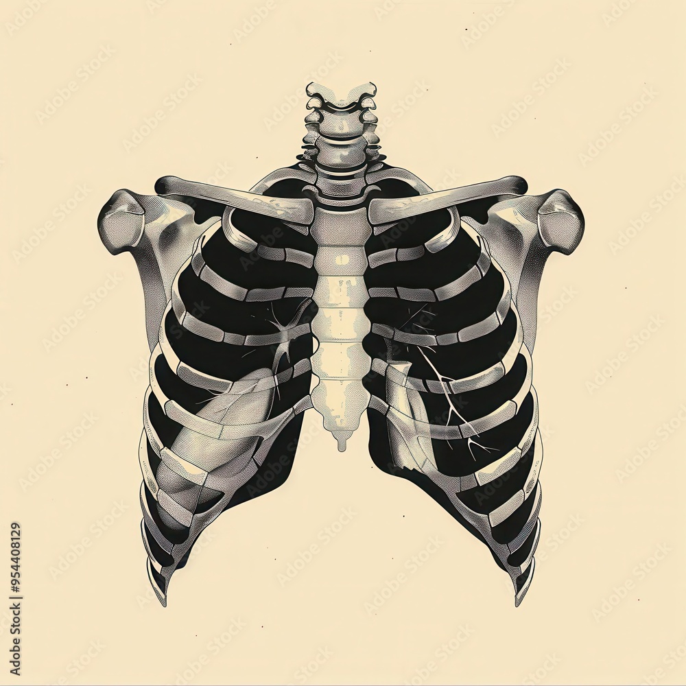 Anatomical illustration of a human rib cage, showcasing the skeletal ...