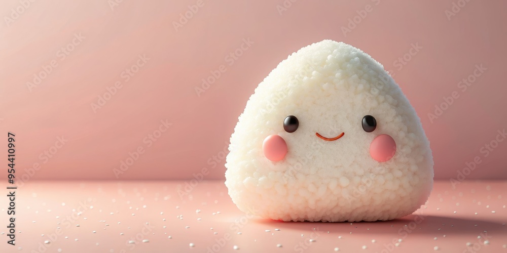 Cute of a smiling onigiri with rosy cheeks against a pastel background ...