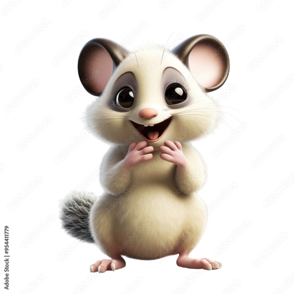 A cute, cartoon-style, white gerbil with big eyes, a pink nose, and a ...