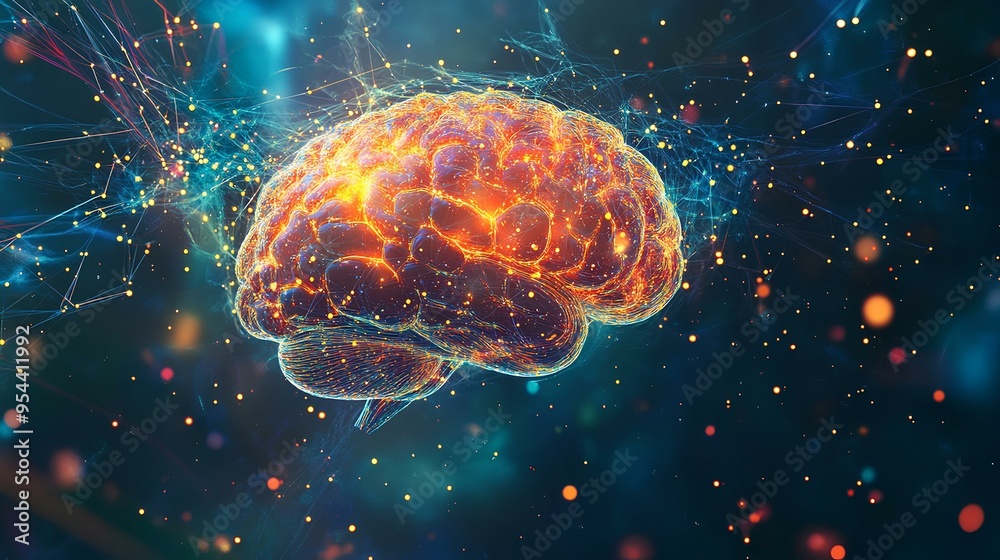 Digital art of a human brain transforming into a network of nodes and ...