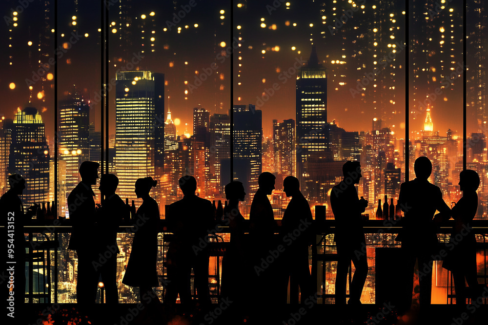 Silhouetted people socializing at a rooftop bar with city skyline at ...