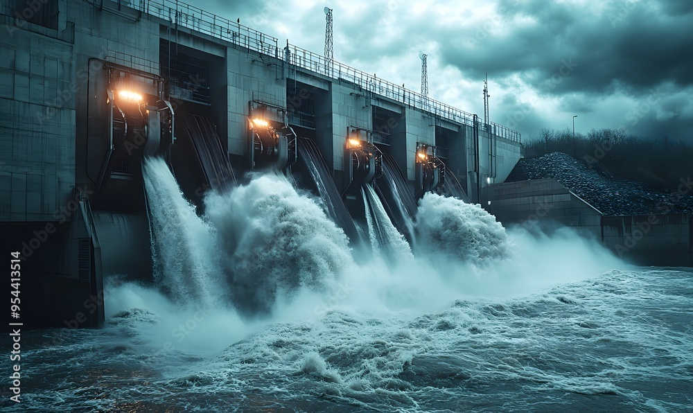 Dam spillway releasing water with powerful force Stock Illustration ...