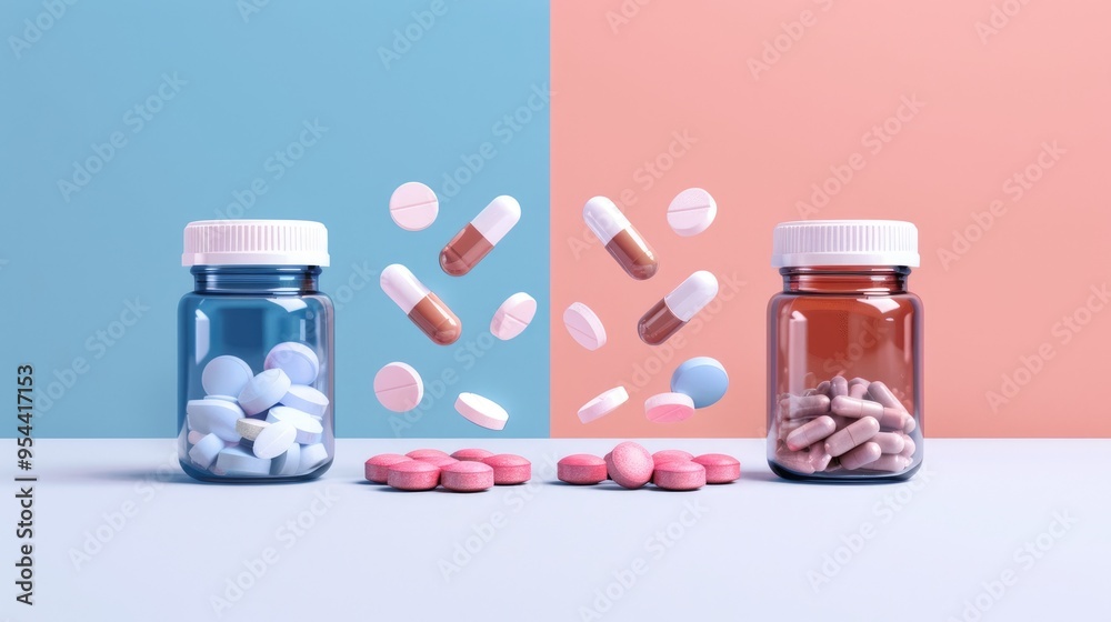 Colorful pills and tablets in two glass jars on a split background ...