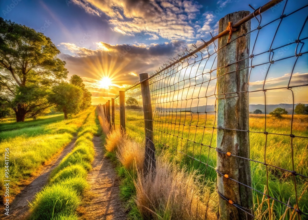Rustic metal mesh fence stretches across a sun-drenched rural landscape ...