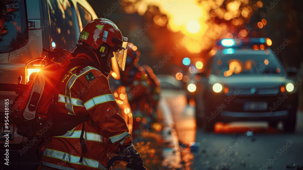 Emergency response team in action at sunset, with fireman and police ...