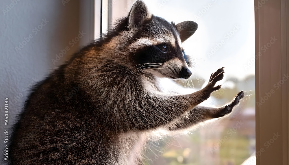 A curious raccoon standing on its hind legs, peering into a window with ...