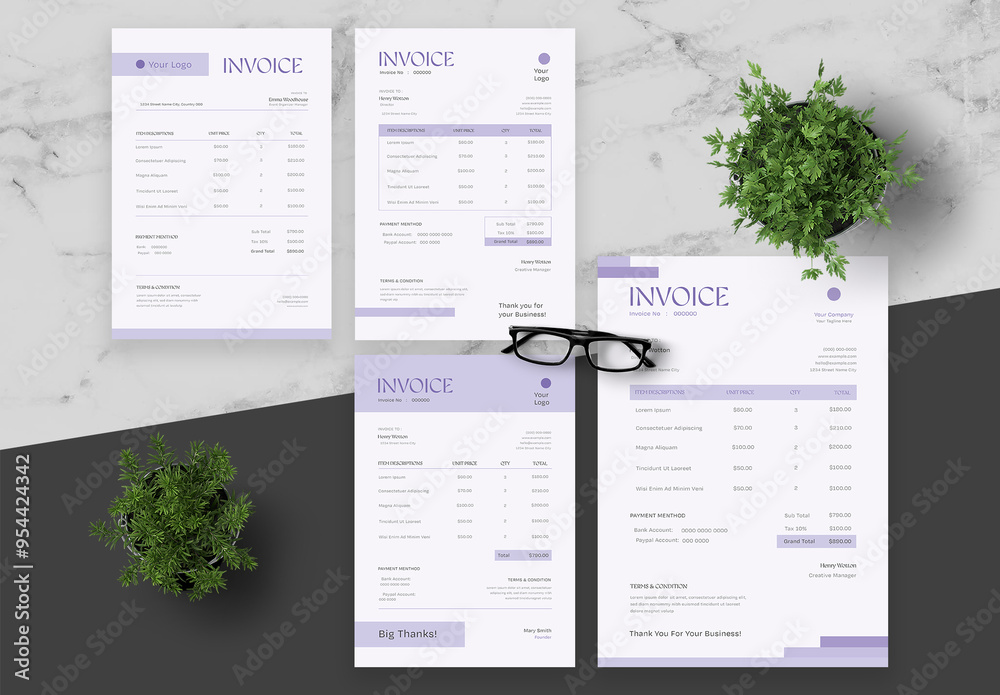 Purple And White Invoice Stock Template | Adobe Stock