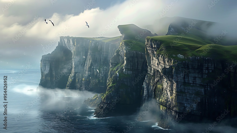 Panoramic view of towering sea cliffs on a foggy day. The dramatic ...