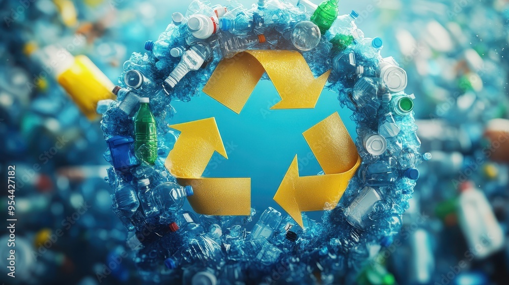A vibrant collection of plastic bottles surrounding a recycling symbol ...