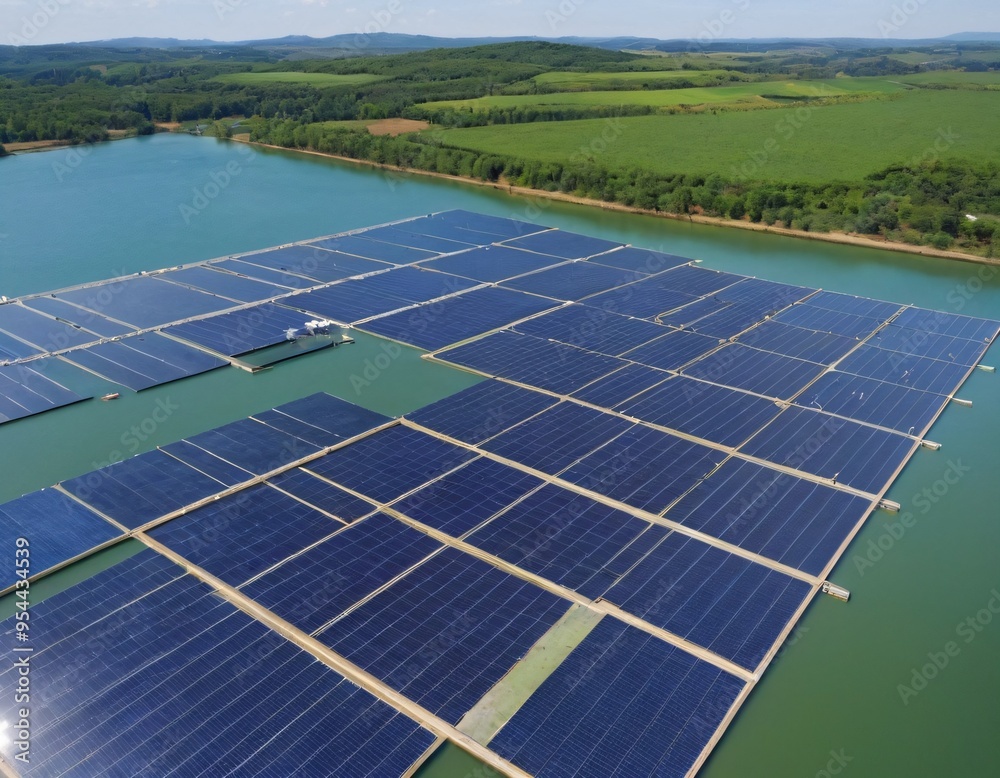 Aerial top view or hydro-floating solar hybrid of solar cells floating ...