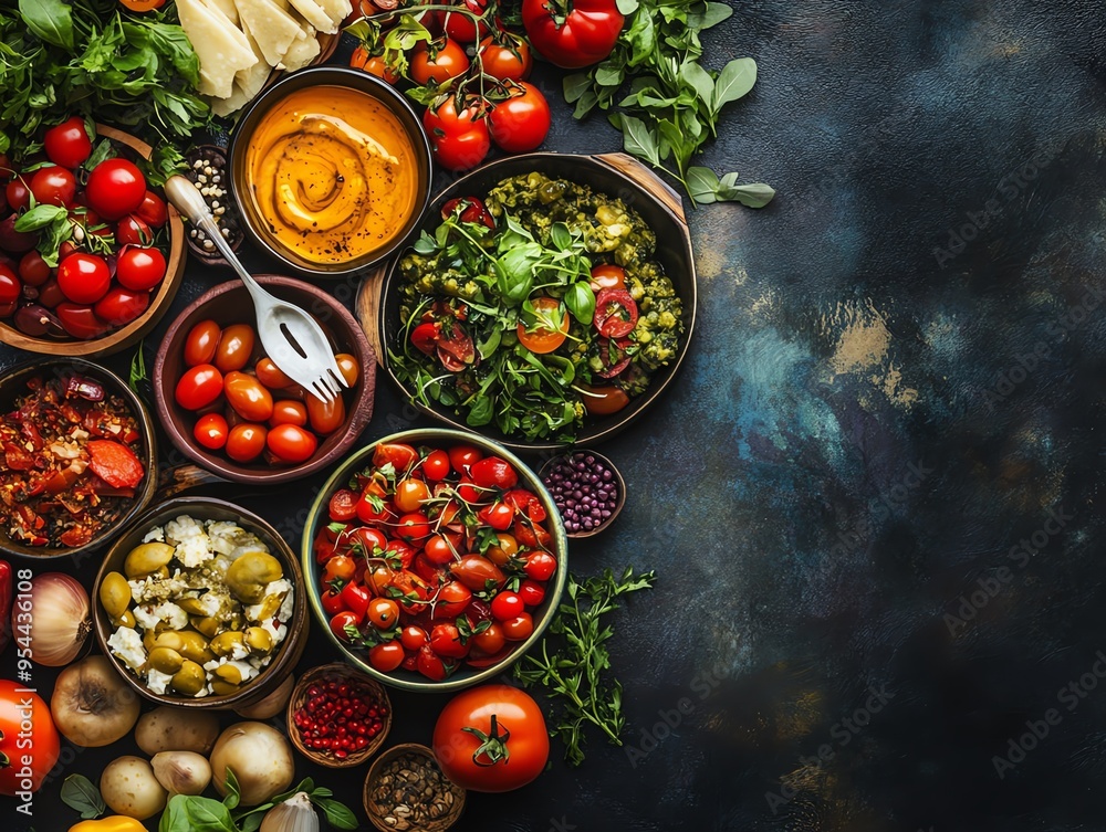 Mediterranean food spread on a rustic dark background, colorful ingredients, topdown view, fresh ...