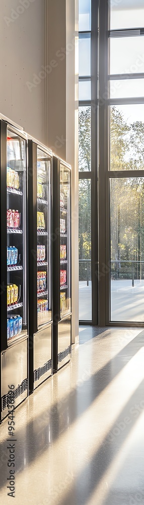 Modern automated vending area, sunlight filtering through large windows ...