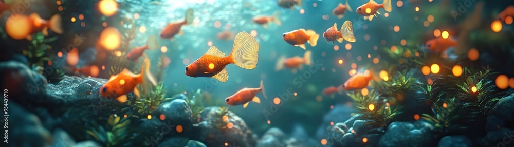 Digital aquarium, with virtual fish swimming in glowing water, digital ...