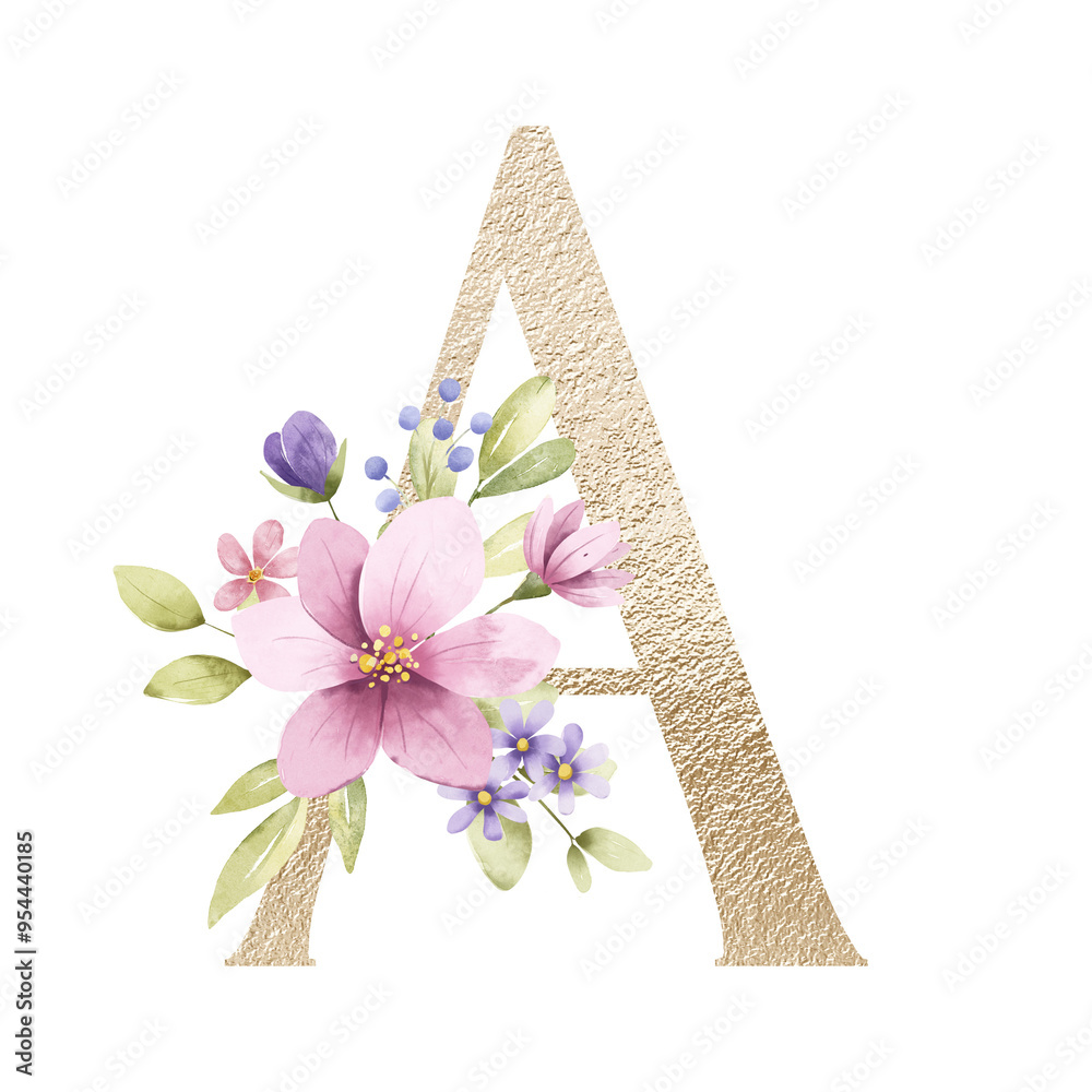 Letter A, golden floral monogram with watercolor flowers and leaf. Gold ...
