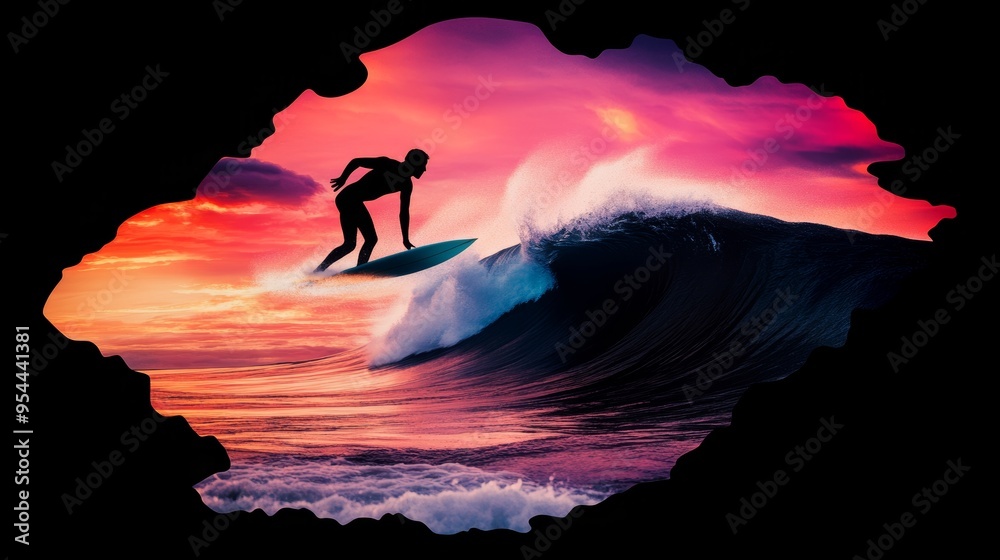 Double exposure of a surfer and a stormy sea, glitch effects, distorted ...