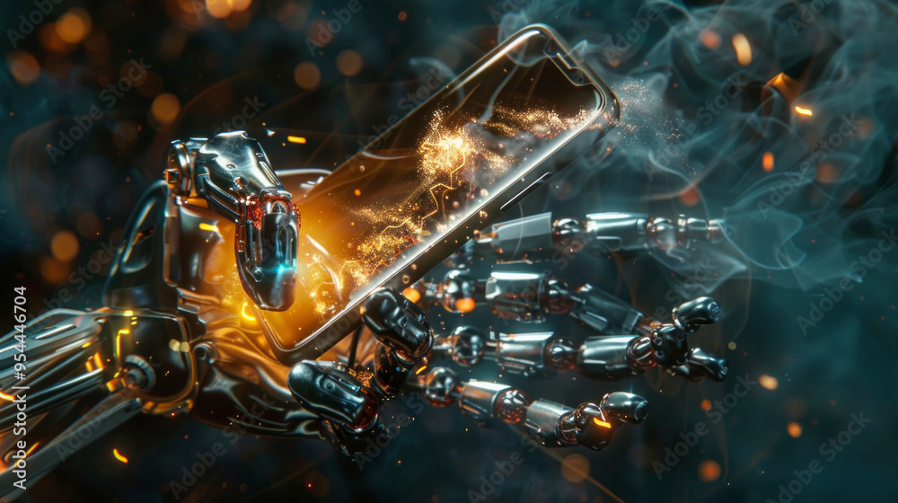 Hyperrealism, chrome robotic skeleton hand holding cellphone, focal ...