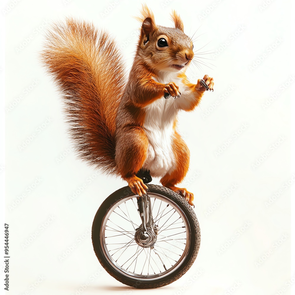 Cute squirrel balancing on a unicycle, demonstrating a fun and ...