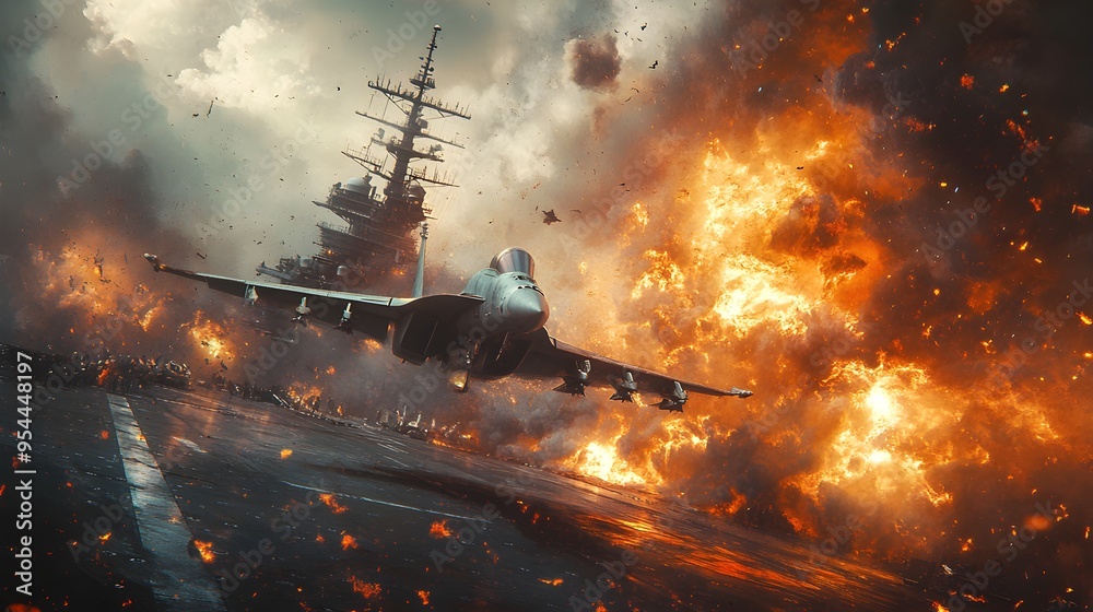 A fighter jet in peril as it flies over an aircraft carrier with ...