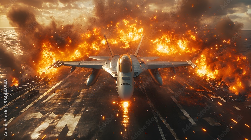 Fighter jet taking off from an aircraft carrier amidst an explosion ...