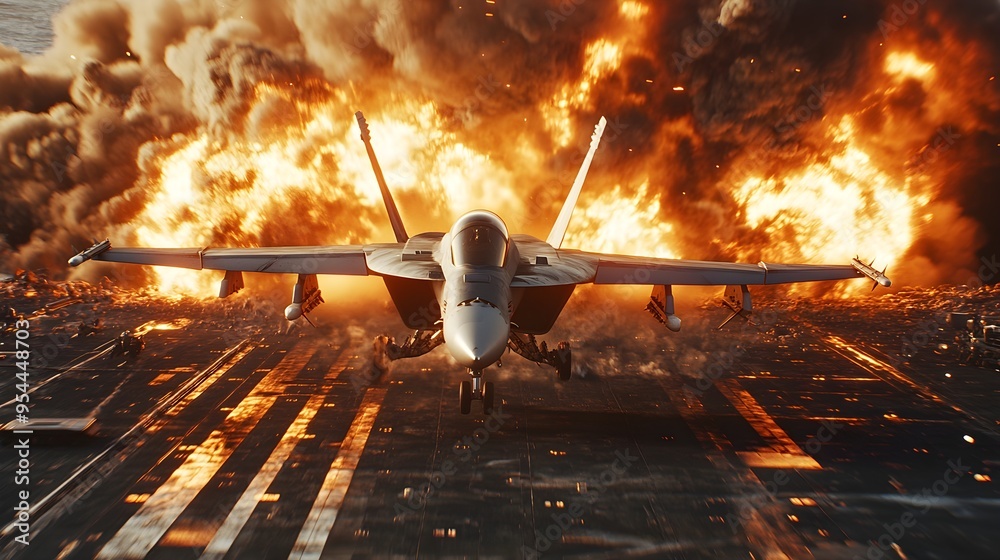 A fighter jet in peril as it flies over an aircraft carrier with ...
