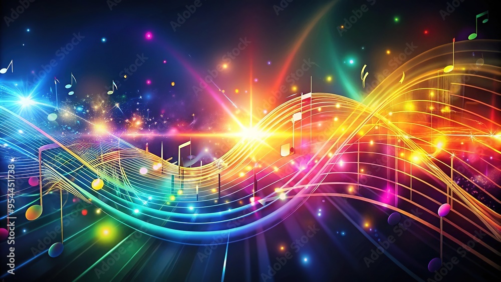 Vibrant colors swirl around audio waveforms and music notes, blending ...