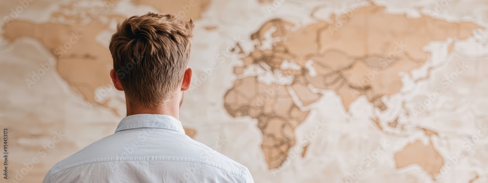 A man stands before a wall with a map of the world on his back Behind ...